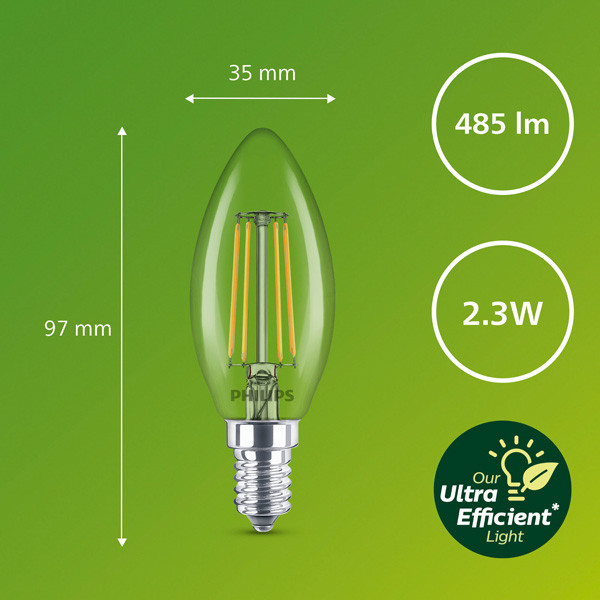 Philips LED lamp E14 | Kaars B35 | Ultra Efficient | Filament | 2700K | 2.3W (40W) Philips 123led.nl
